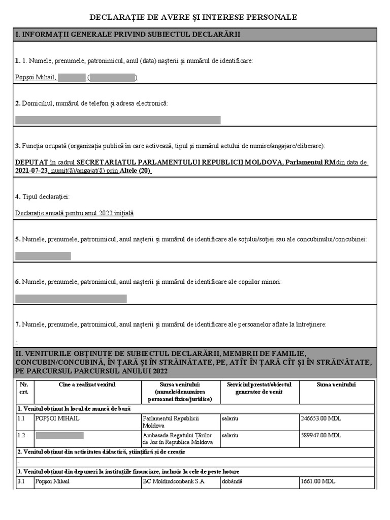Declarație de Avere Și Interese Personale: I. Informații Generale ...