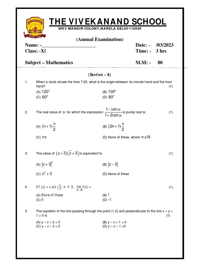 MATHS XI Annual Paper | PDF | Circle | Ellipse