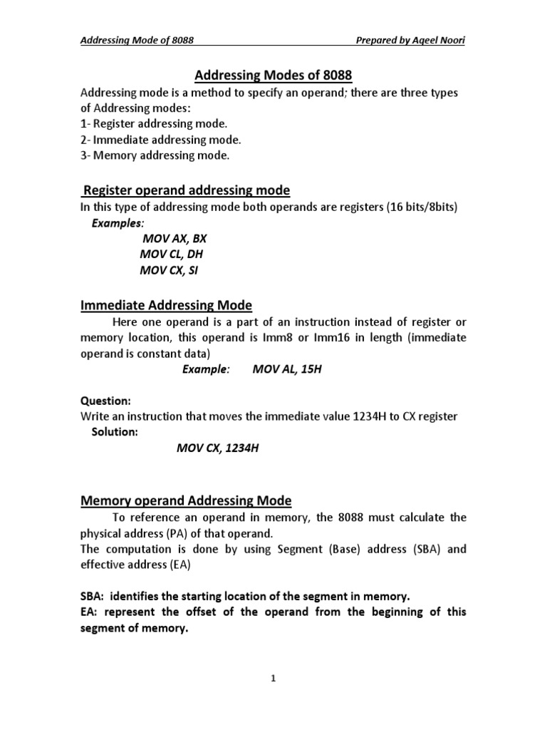 Addressing Modes of 8088: Examples: Mov Ax, BX Mov CL, DH Mov CX, Si | PDF | Central Processing ...
