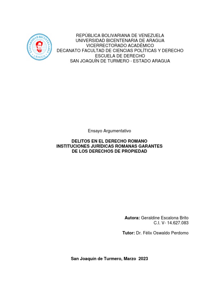 Ensayo 3. Geraldine Escalona. El Delito en Roma. Instituciones Que ...