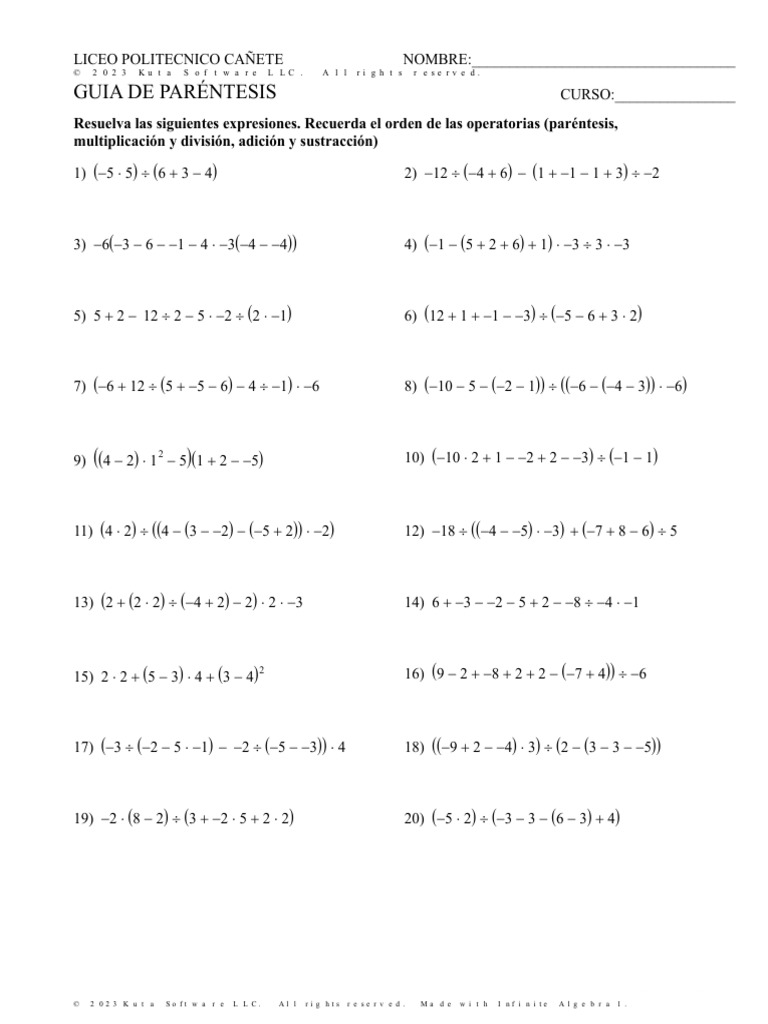 Guía De Números Enteros Operaciones Con Paréntesis Pdf Aritmética