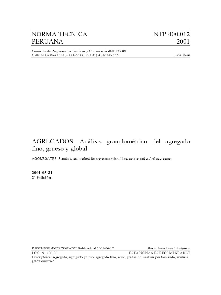 Norma Técnica NTP 400.012 Peruana 2001 Agregados | PDF