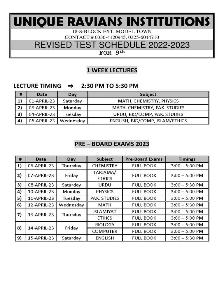 Unique Ravians Institutions: Revised Test Schedule 2022-2023 | PDF ...