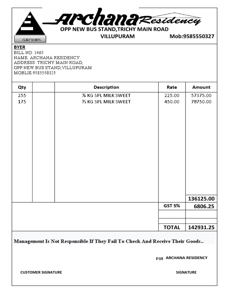 Sales Receipt for Milk Sweets from Archana Residency in Villupuram | PDF