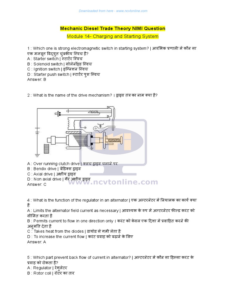 Mechanic Diesel Trade Theory NIMI Question: Module 14-Charging and Starting System | PDF