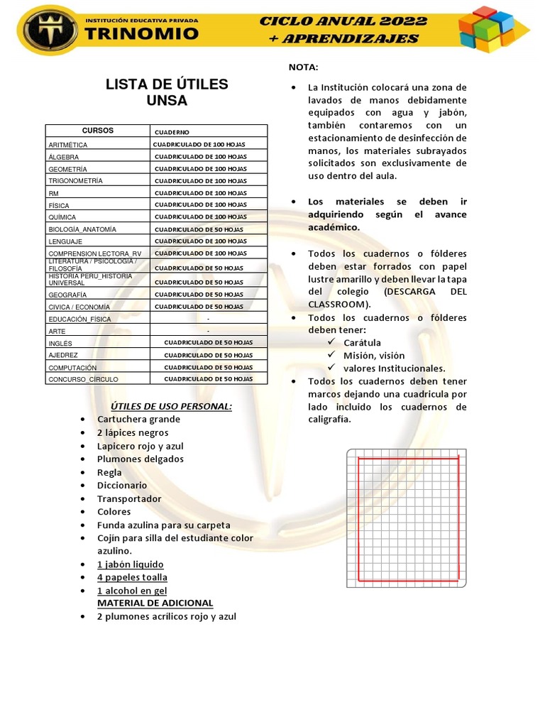 Unsa - Lista de Útiles | PDF