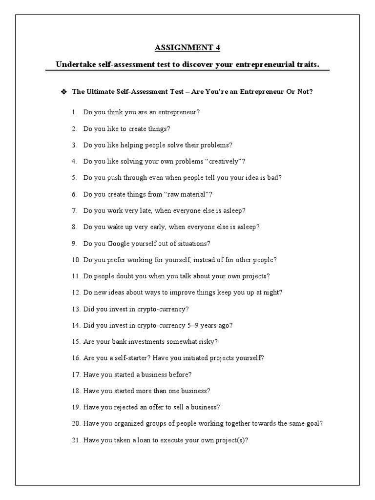 Self-Assessment Test Reveals Entrepreneurial Traits | PDF
