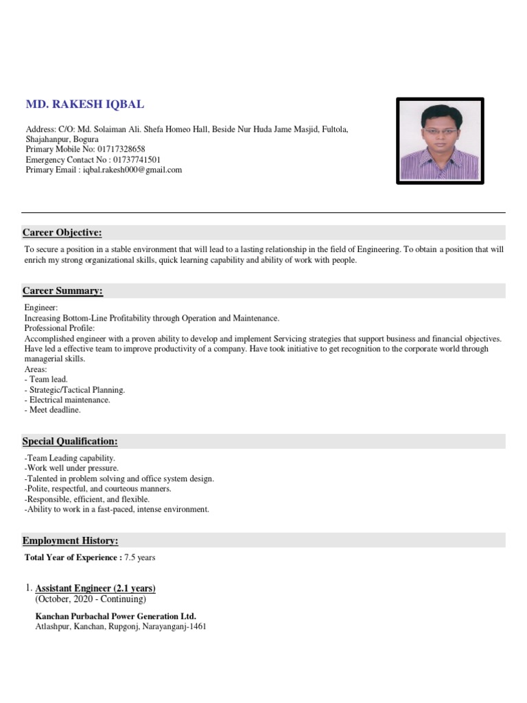 Md. Rakesh Iqbal: Career Objective | PDF | Transformer | Technical Support