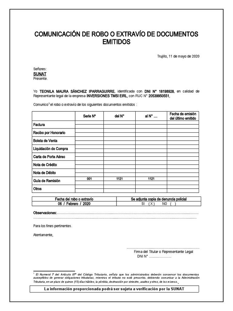 Comunicación de Robo O Extravío de Documentos Emitidos: Sunat | PDF
