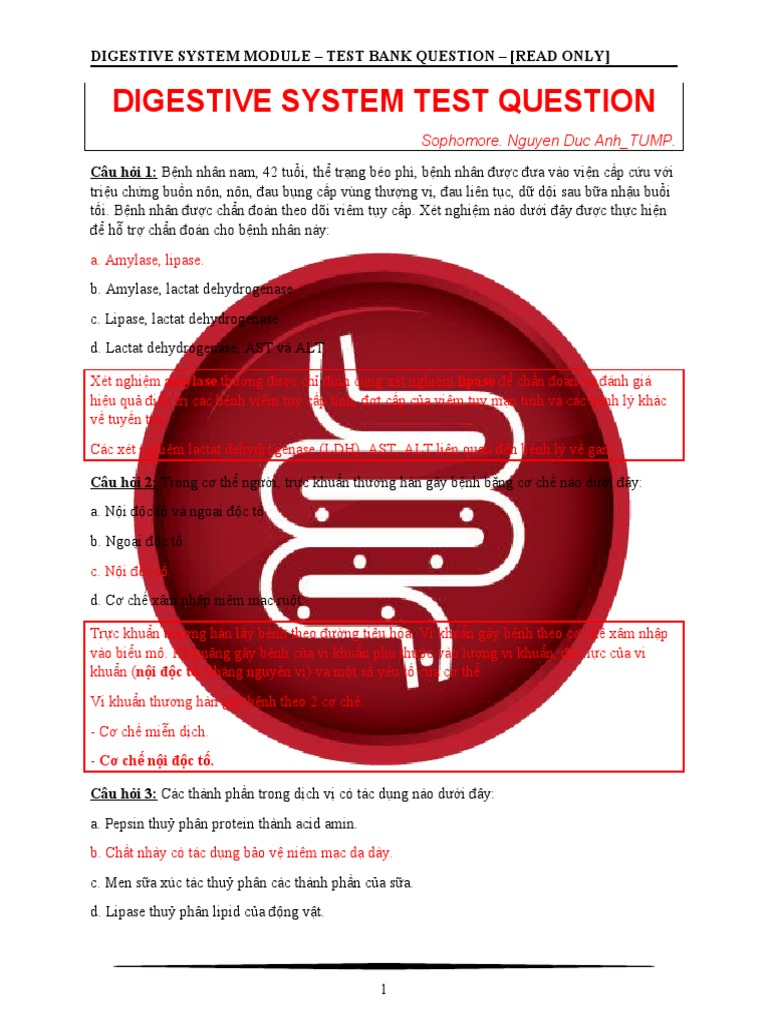 Digestive System Test Question: Sophomore. Nguyen Duc Anh - TUMP | PDF