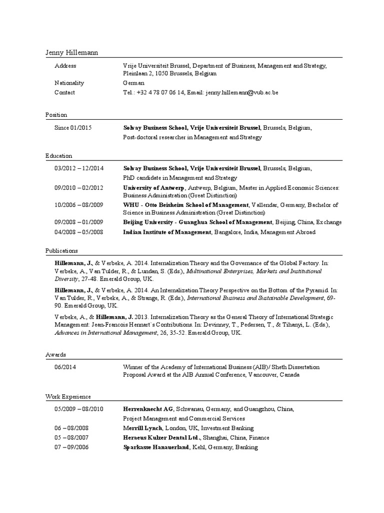CV Jenny Hillemann | PDF | Economies | Business