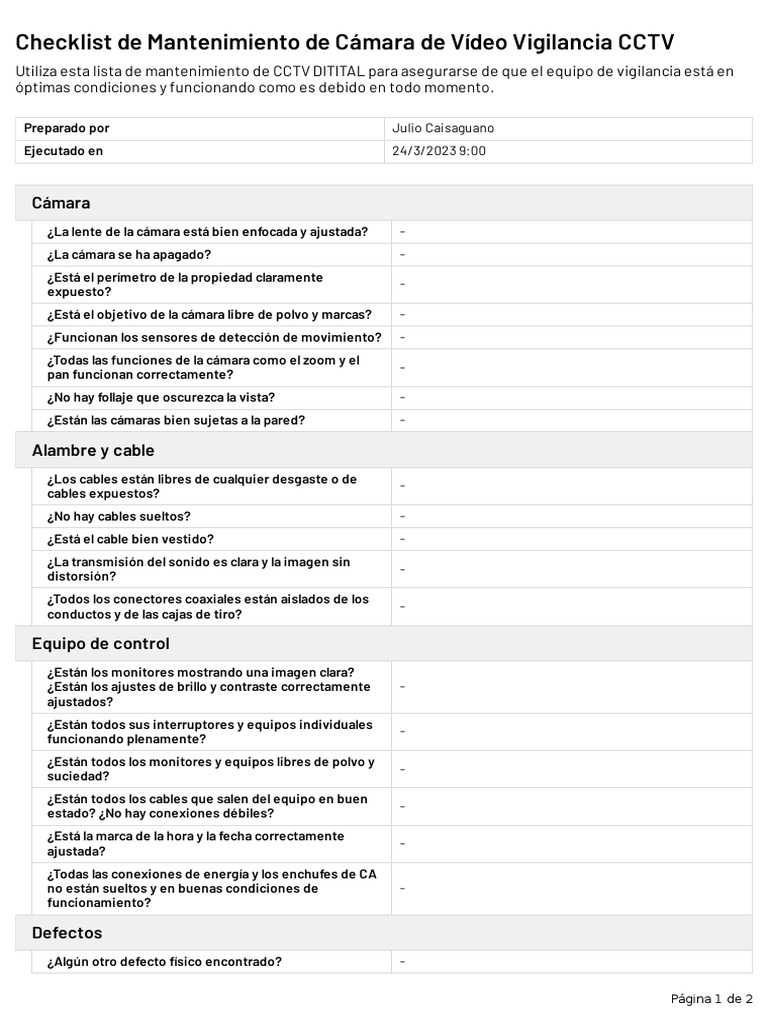 Checklist de Mantenimiento de Cmara de Vdeo Vigilancia CCTV | PDF ...