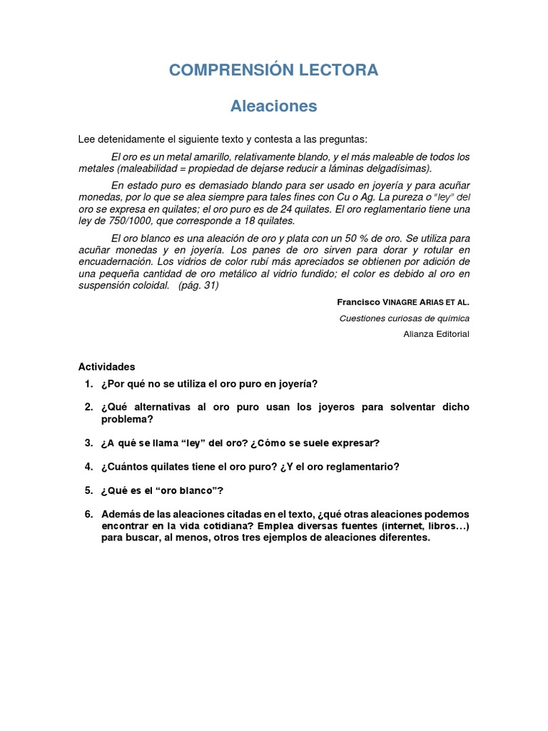 Comprensión Lectora Aleaciones: Lee Detenidamente El Siguiente Texto y ...