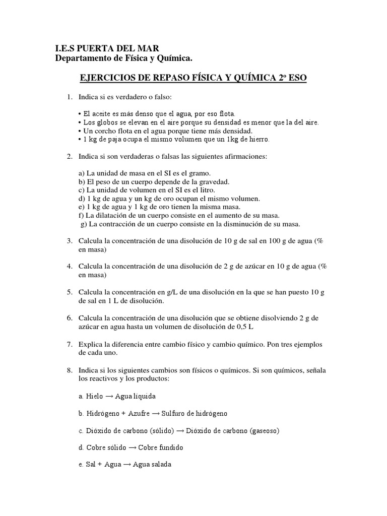 Ejercicios de Repaso Física y Química 2º Eso | PDF