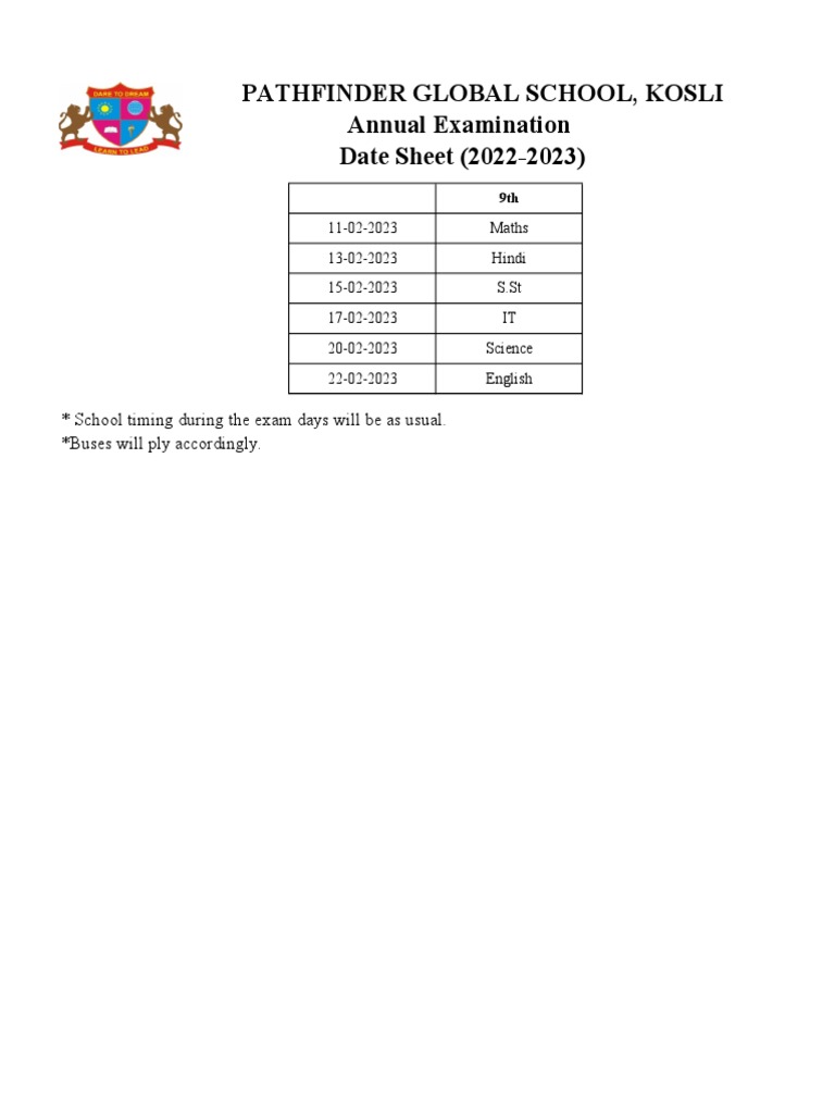 Pathfinder Global School, Kosli Annual Examination Date Sheet (2022 ...