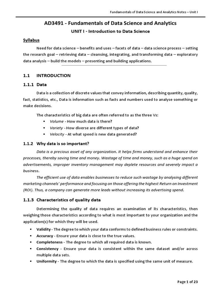 AD3491 - FDSA - Unit I - Introduction - Part I | PDF | Data | Data Analysis