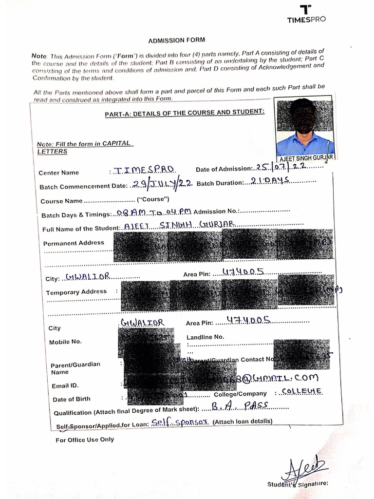 Ajeet Singh Admission Form PDF | PDF