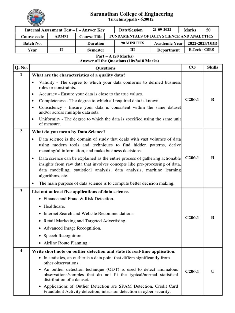 CSBS - AD3491 - FDSA - IA 1 - Answer Key | PDF | Data | Skewness