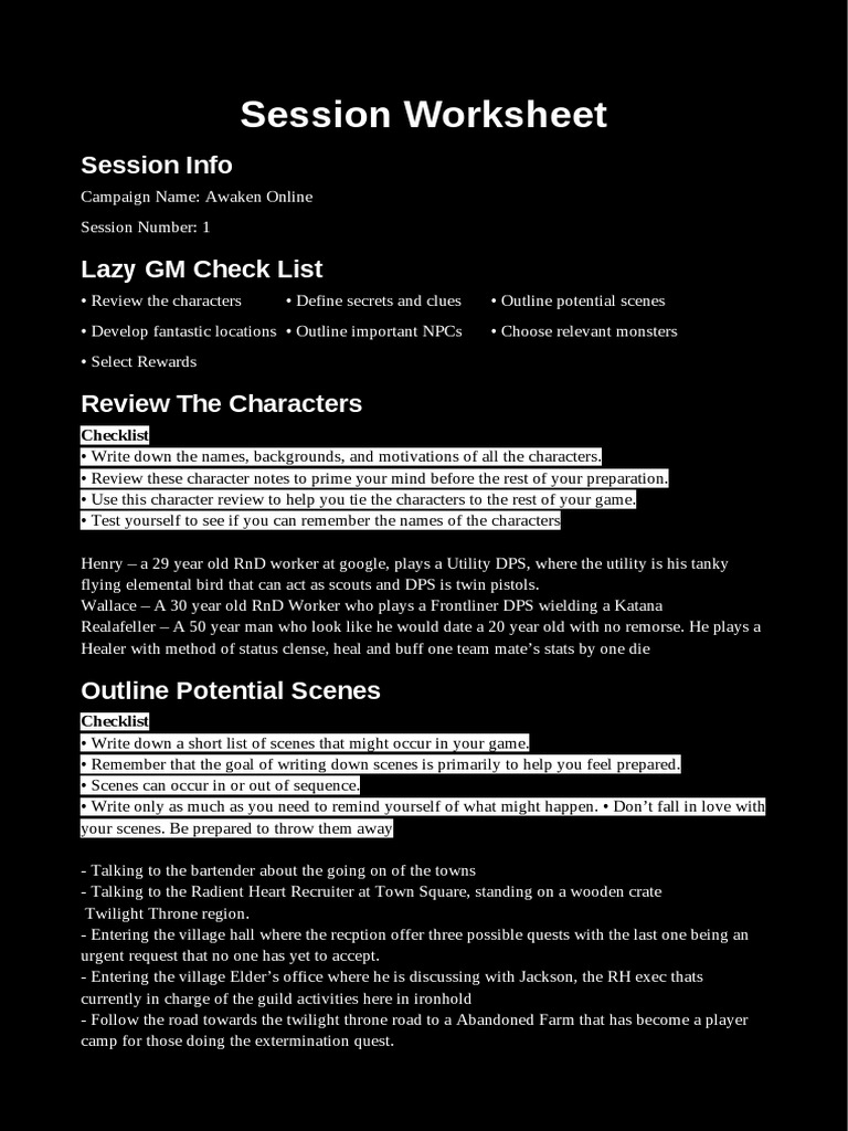 Session 1 - Awaken Online | PDF | Role Playing Games