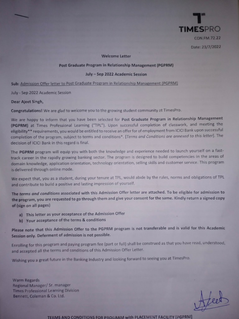 Ajeet Singh Welcome Letter | PDF