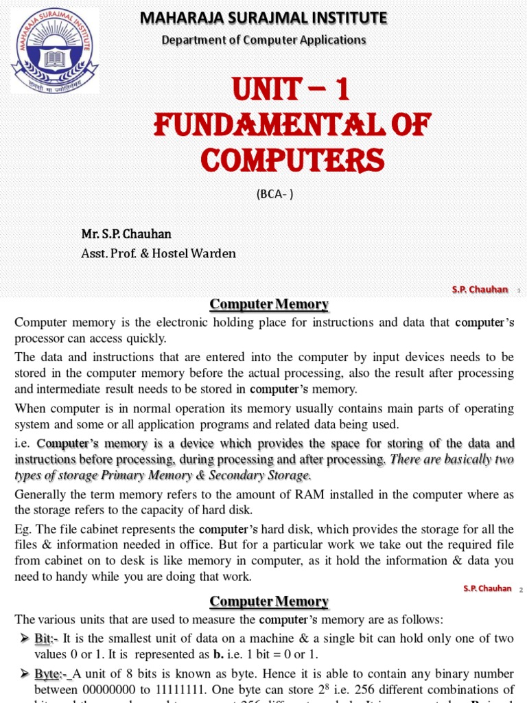 Fit Unit 1 Memory A Pdf Random Access Memory Computer Data Storage