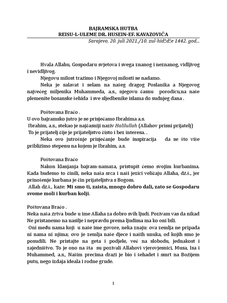 Bajramska Hutba Reusi-L-Uleme Dr. Husein-Ef. Kavazovića | PDF