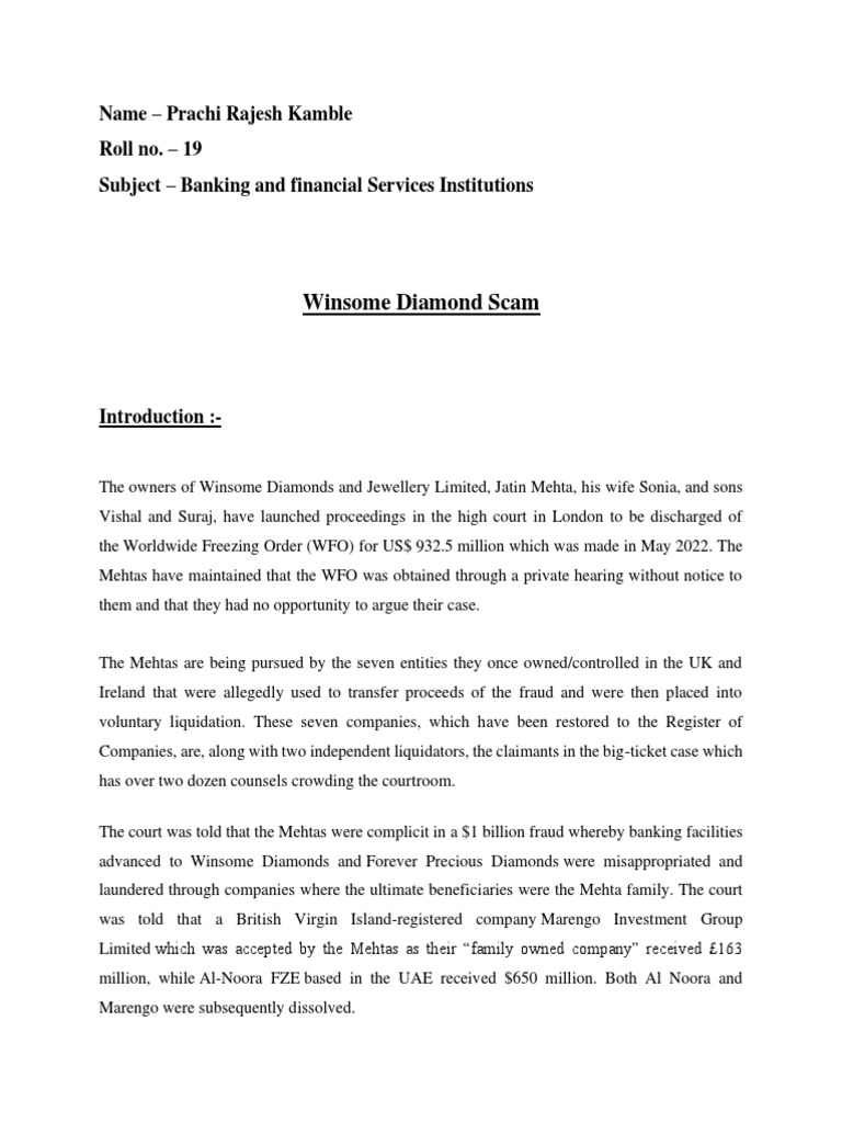 Winsome Diamond Scam: Name - Prachi Rajesh Kamble Roll No. - 19 Subject ...