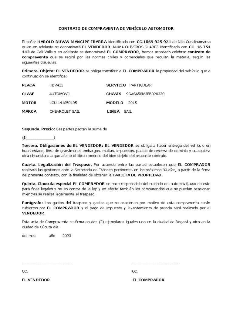 Contrato de Compraventa de Vehículo Automotor1 | PDF