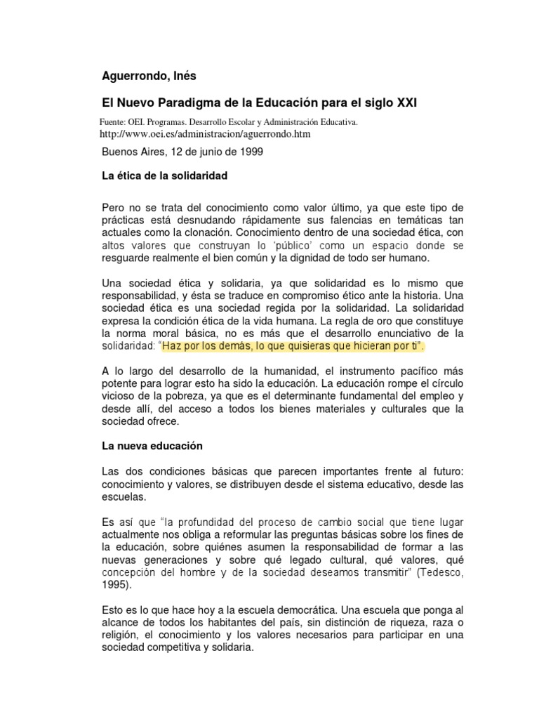 El Nuevo Paradigma de La Educación para El Siglo XXI. Ines Aguerrondo ...