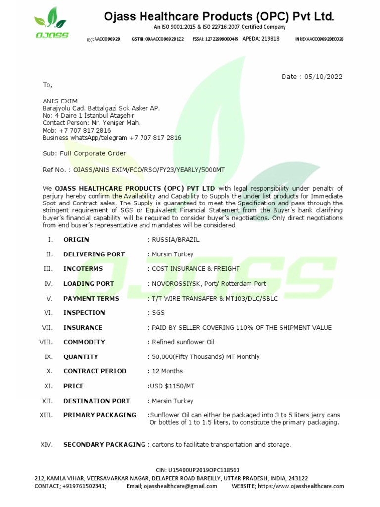 FCO Sunflower Oil 50000MT | PDF | Letter Of Credit | Trade