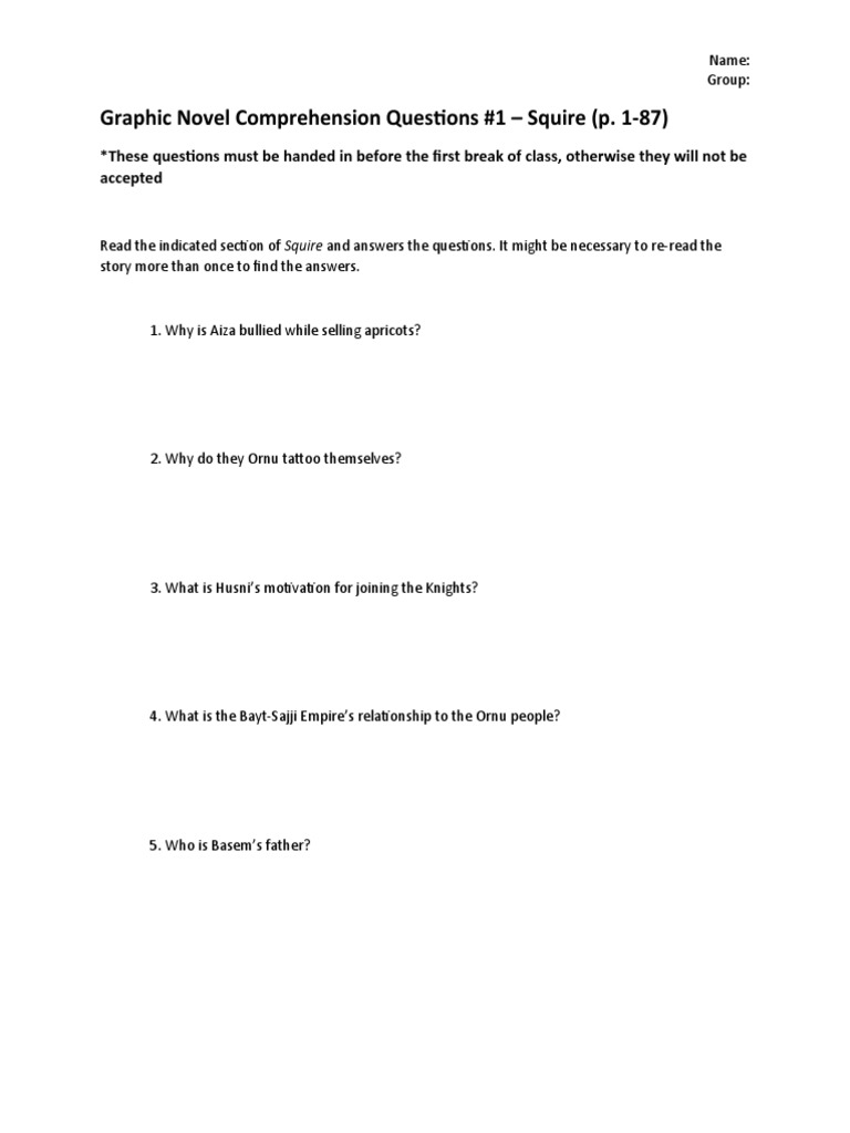 Graphic Novel Comprehension Questions #1 - Squire (P. 1-87) | PDF