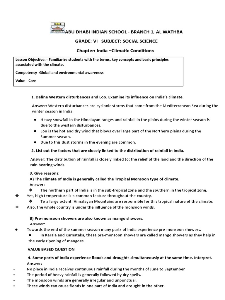 Abu Dhabi Indian School - Branch 1, Al Wathba Grade: Vi Subject: Social ...