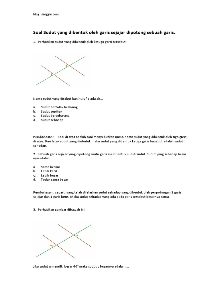 Contoh Soal Sudut Yang Dua Garis Yang Dipotong Oleh Sebuah Garis | PDF