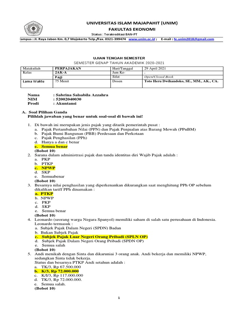 TM 8 - (UTS) Sabrina S. A. - 52002040030 - Akuntansi - UTS Perpajakan 2021 | PDF
