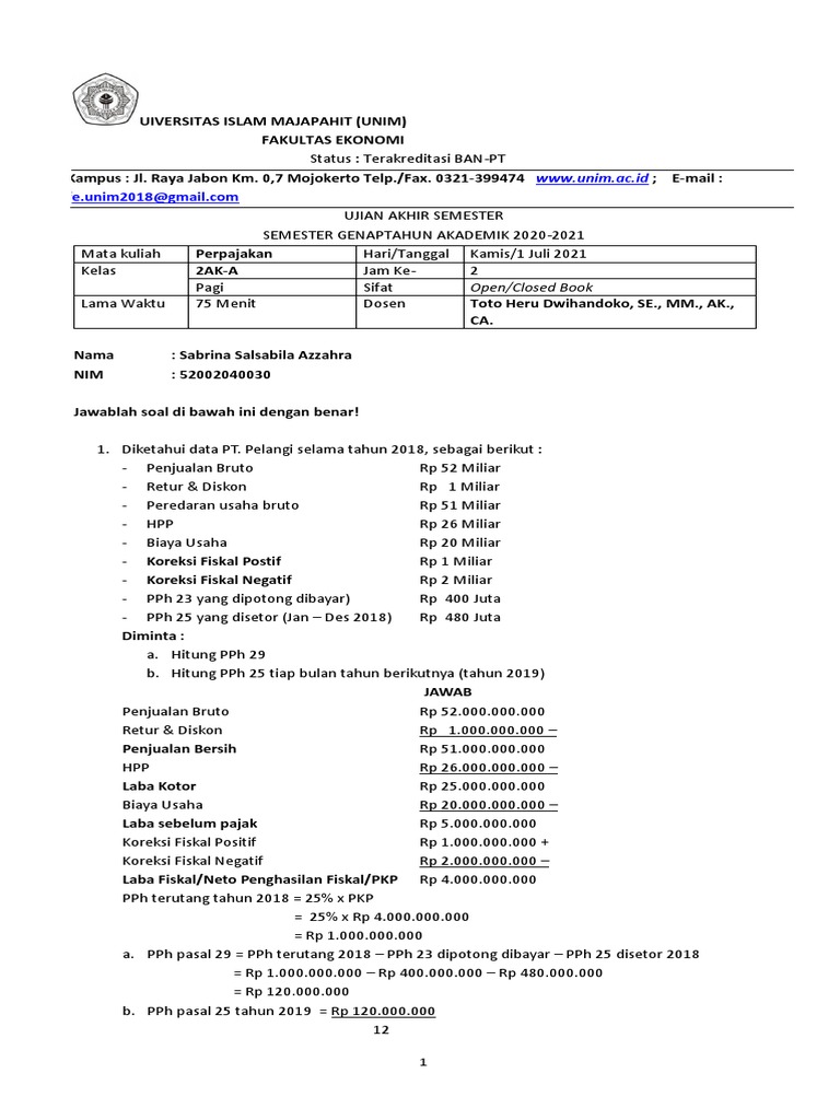TM 16 - (UAS) Sabrina S. A. - 2AK-A1 - UAS PERPAJAKAN | PDF