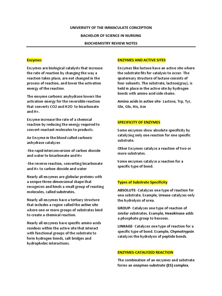Biochemistry - Enzymes Review Notes | PDF | Enzyme | Lactate Dehydrogenase