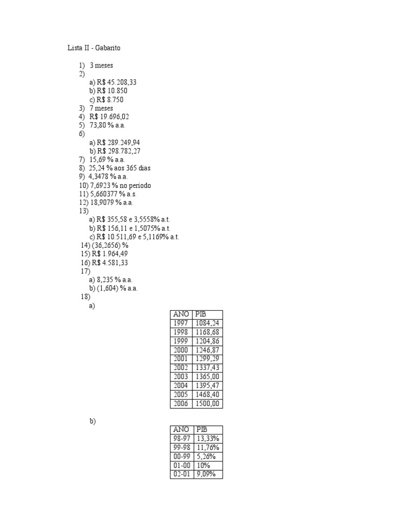 Lista II - Gabarito | PDF