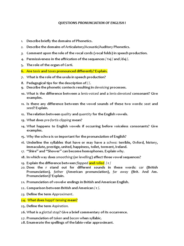 EXAM QUESTIONS I - Pronunciation | PDF | Phonetics | Vowel