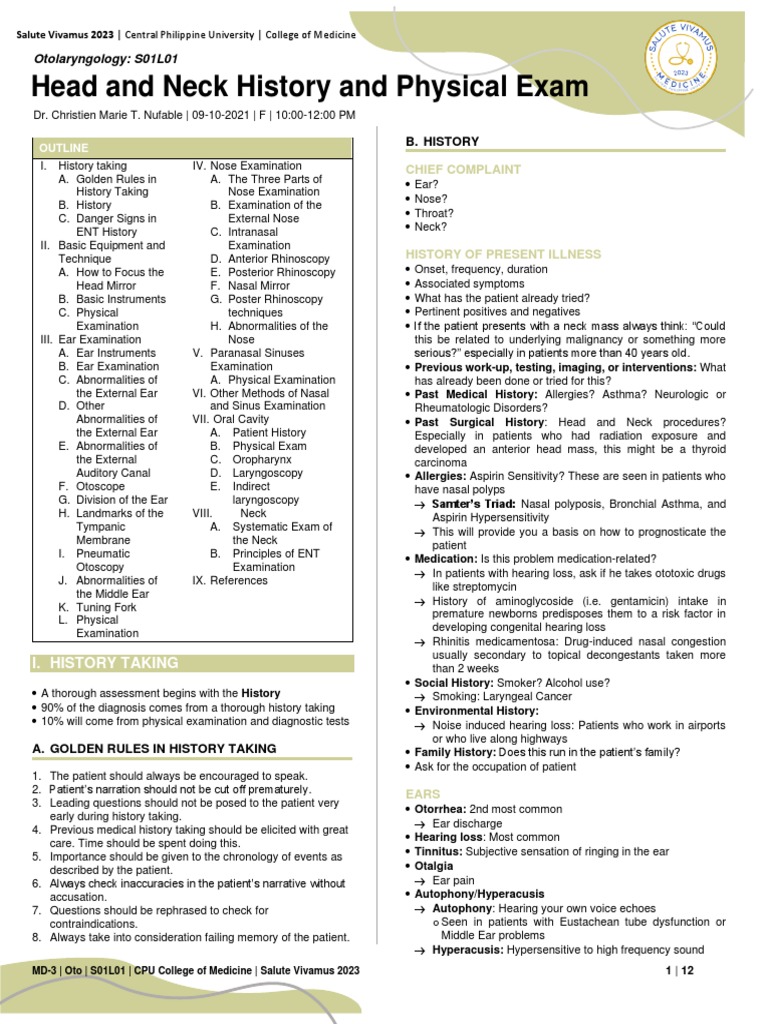 Trans Savi Oto Lec 01 Head and Neck History and PE 1st Semester | PDF | Ear | Human Nose