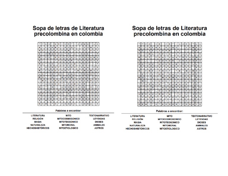 Sopa de Letras Literatura Precolombina Colombiana | PDF