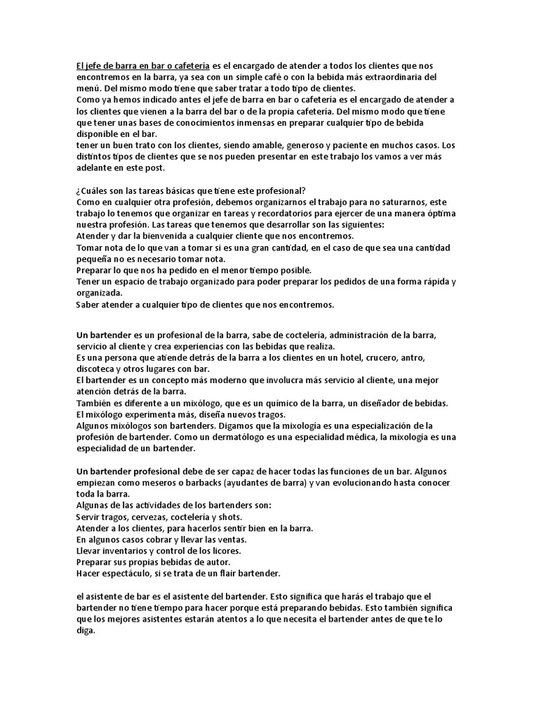 Las funciones clave de un jefe de barra y ayudante de bar | PDF | Bar ...