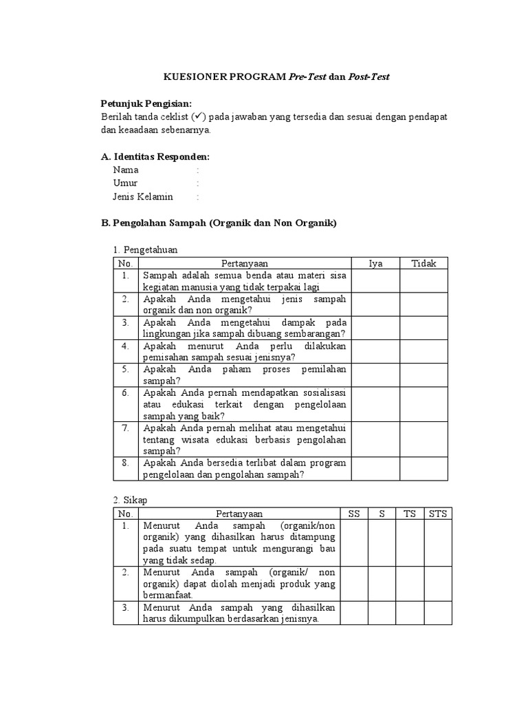 KUESIONER PROGRAM Pre-Test Dan Post-Test Petunjuk Pengisian | PDF