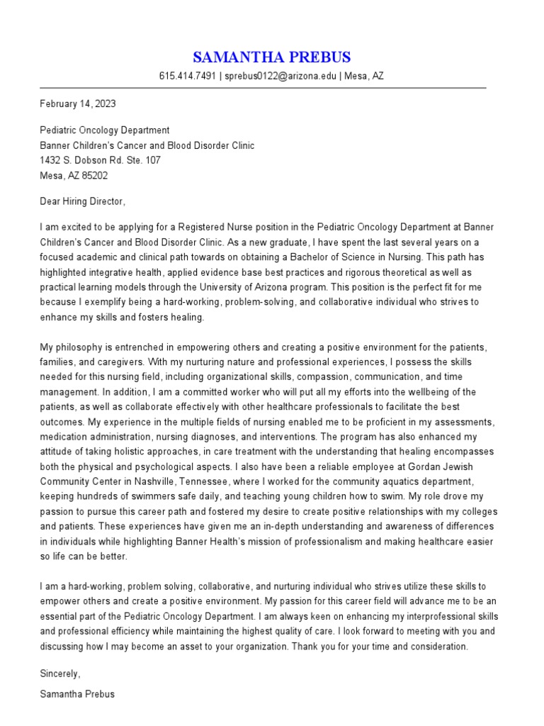 Samanthaprebus Cover Letter Banner Pediatric Oncology Unit | PDF ...