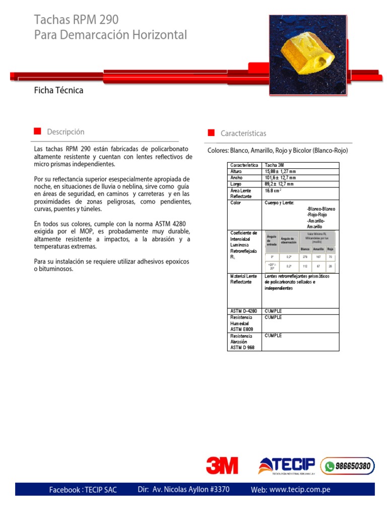 Tachas RPM 290 para Demarcación Horizontal | PDF | Ciencias fisicas ...