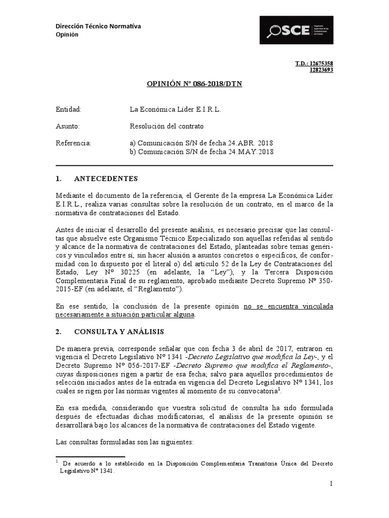 OP 086-18 - LA ECONÓMICA LIDER EIRL - RES Del Contrato - No Hay Doble Resolucion | PDF ...