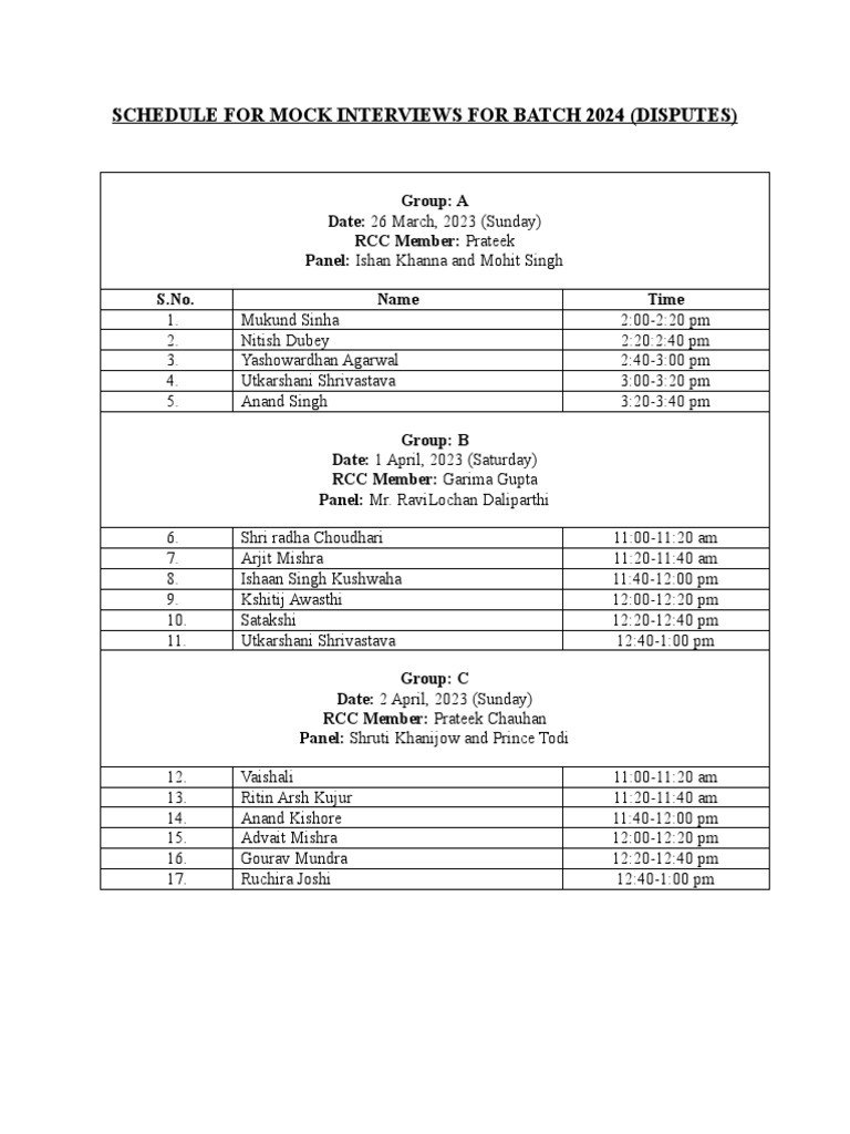 Schedule For Mock Interviews For Batch 2024-2 | PDF