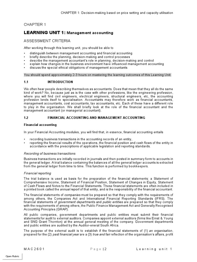 Learning Unit 1 - Management Accounting | PDF | Management Accounting | Accounting