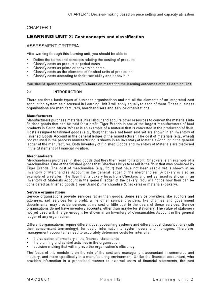 Learning Unit 2 - Cost Concepts and Classification | PDF | Cost | Inventory
