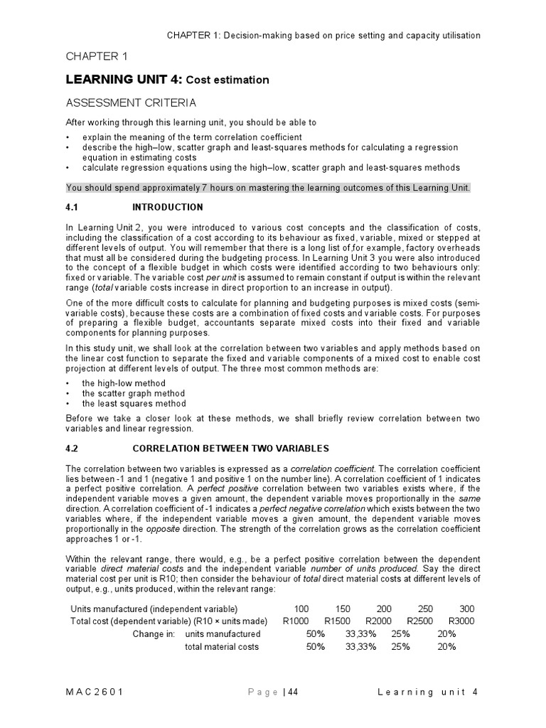 Learning Unit 4 - Cost Estimation | PDF | Regression Analysis | Equations