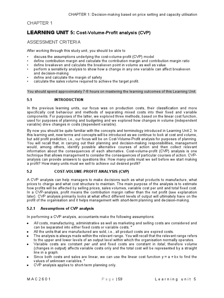 Learning Unit 5 - Cost Volume Profit Analysis | PDF | Profit (Economics) | Management Accounting